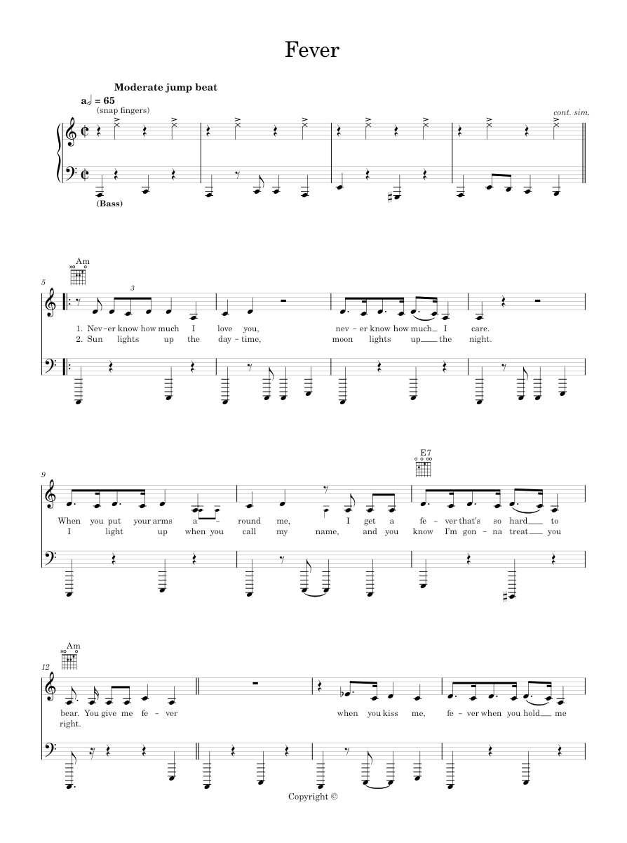 fever Sheet music for Piano, Vocals, Contrabass by Peggy Lee: Music ...