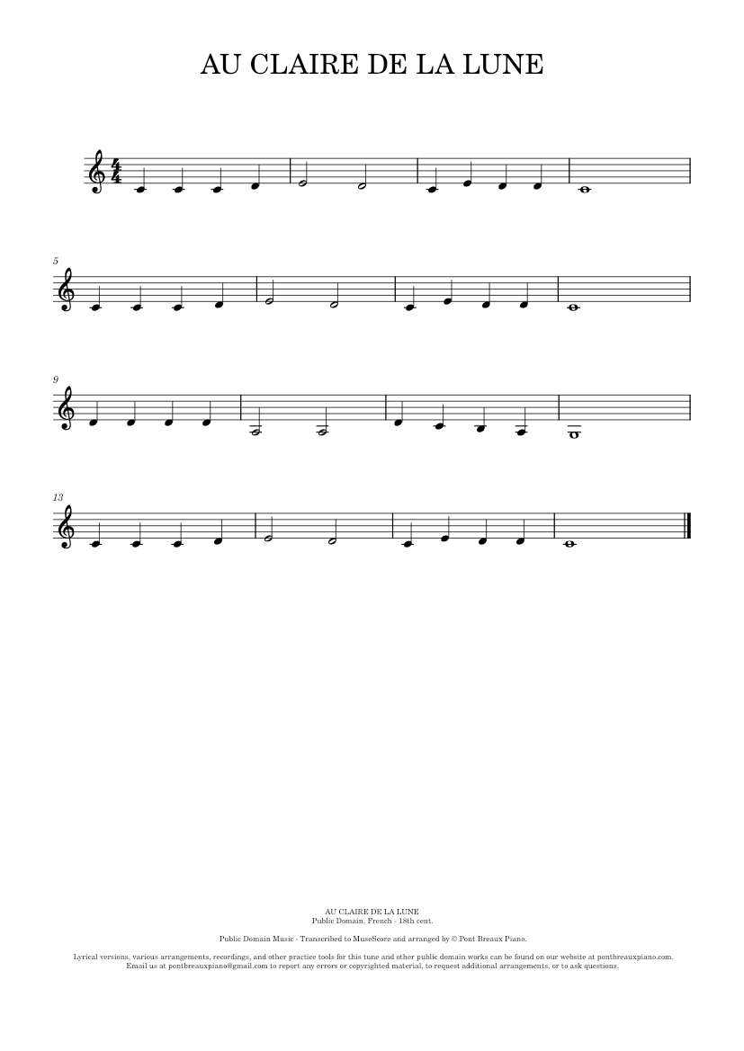 AU CLAIRE DE LA LUNE – Trad. French Sheet music for Piano (Solo) Easy ...