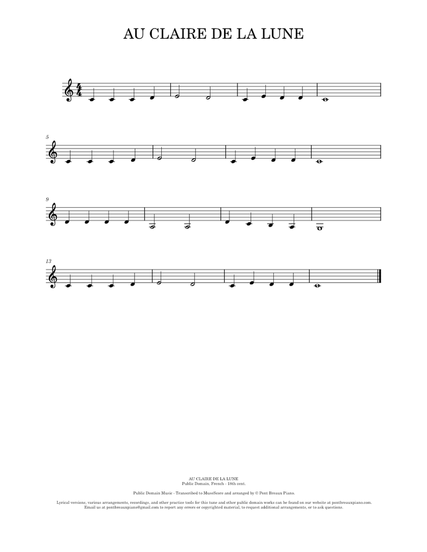 AU CLAIRE DE LA LUNE – Trad. French Sheet music for Piano (Solo) Easy ...