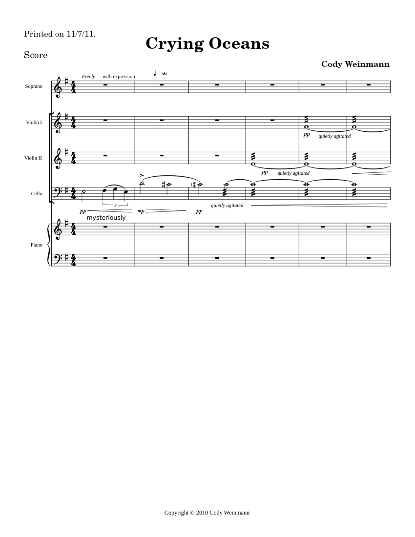 Crying Oceans For Soprano, Violin I, Violin II, Cello, and Piano-- Cody Weinmann, Composer Sheet ...