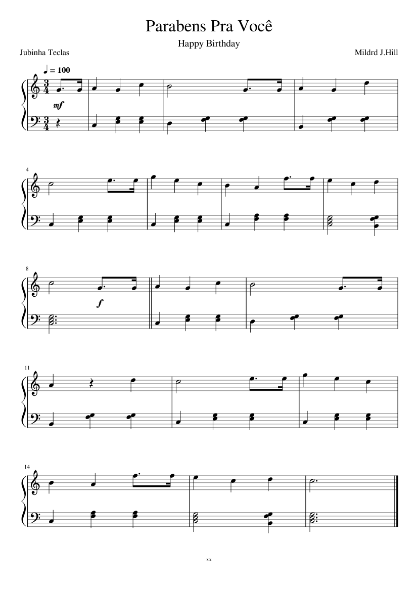 Parabéns Pra Você – Patty & Mildred J. Hill Sheet music for Piano (Solo ...