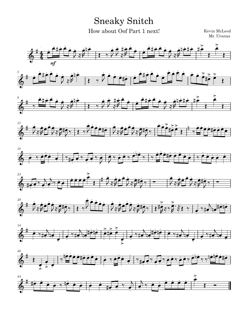 Sneaky Snitch – Kevin MacLeod Sneaky Snitch Sheet Music for Clarinet ...