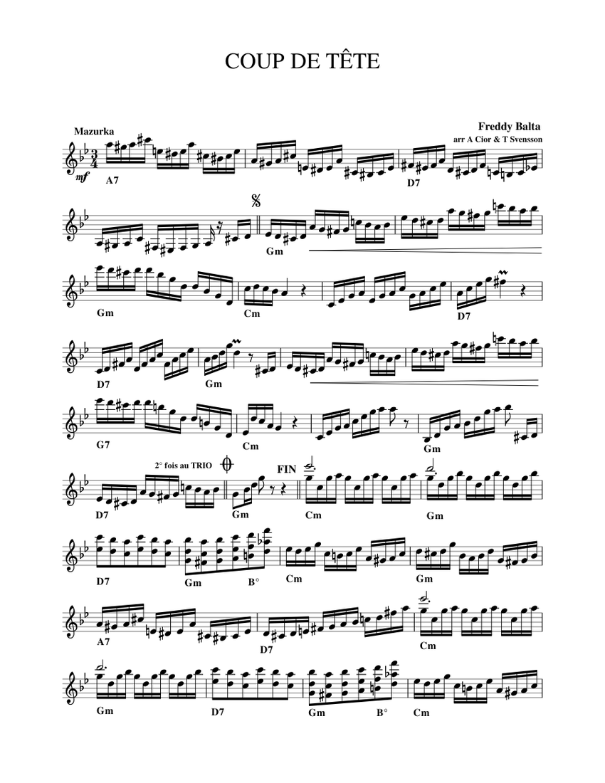 COUP DE TÉTE Freddy Balta & arr. A Cior et T Svensson Sheet music for ...