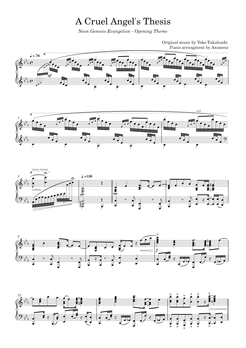 A Cruel Angel's Thesis - arranged by Animenz Sheet Music for Piano ...