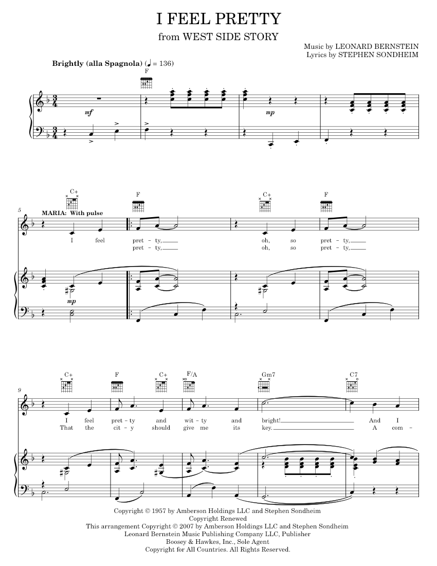 I Feel Pretty (from West Side Story) Sheet music for Piano, Vocals by ...
