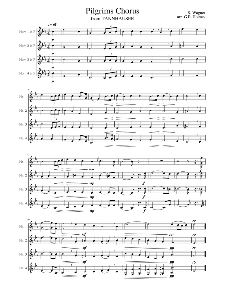 Wagner - Pilgrims Chorus from Tannhäuser (Horn Quartet) Sheet music for French horn (Brass ...