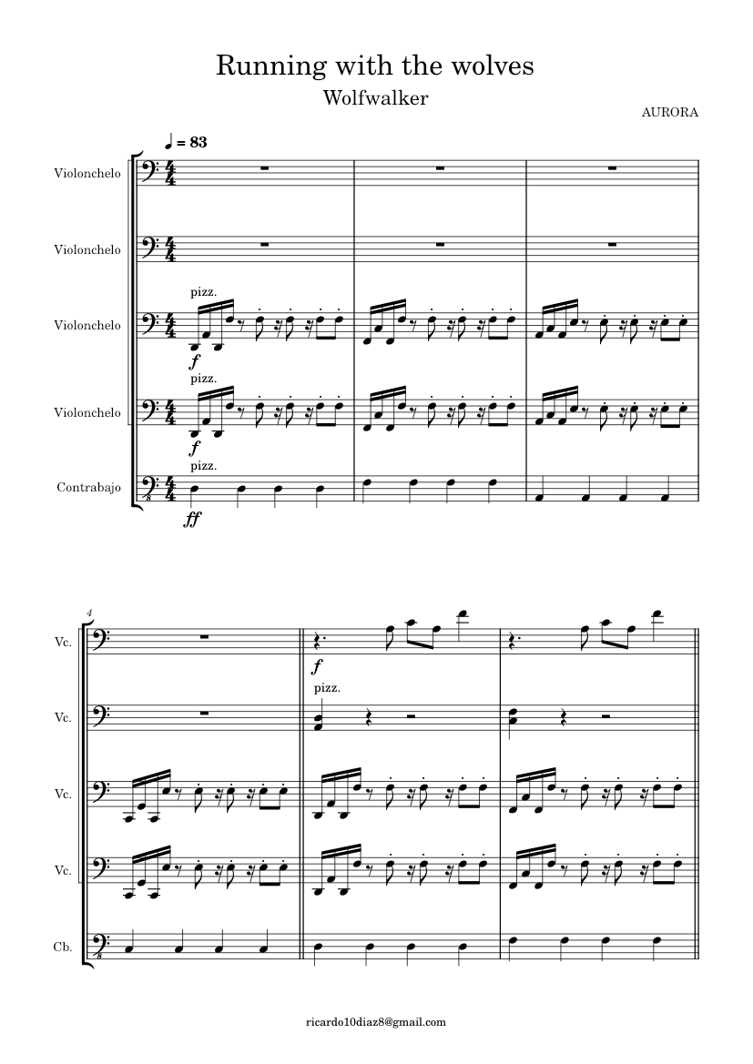 Running with the wolves – AURORA Sheet music for Contrabass, Cello ...