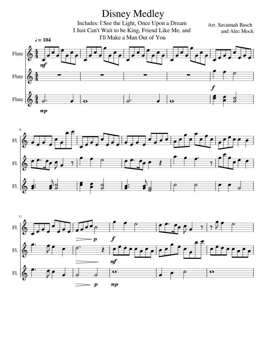 Disney Medley Sheet Music for Flute (Mixed Trio) | MuseScore.com