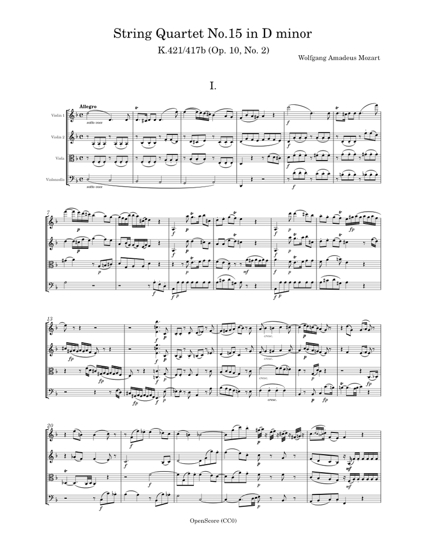 Mozart, Wolfgang Amadeus - String Quartet No.15 in D minor, K.421/417b, (Op.10, No.2) Sheet ...
