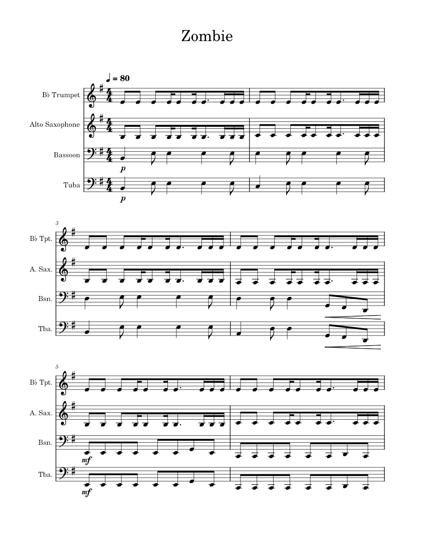 Zombie Sheet music for Tuba, Bassoon, Saxophone alto, Trumpet in b-flat ...