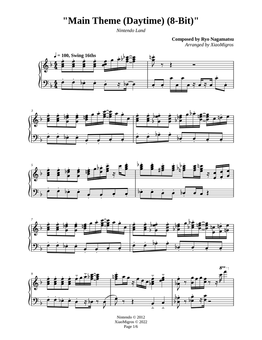 Main Theme (Daytime) (8 Bit) - Nintendo Land Sheet music for Piano ...