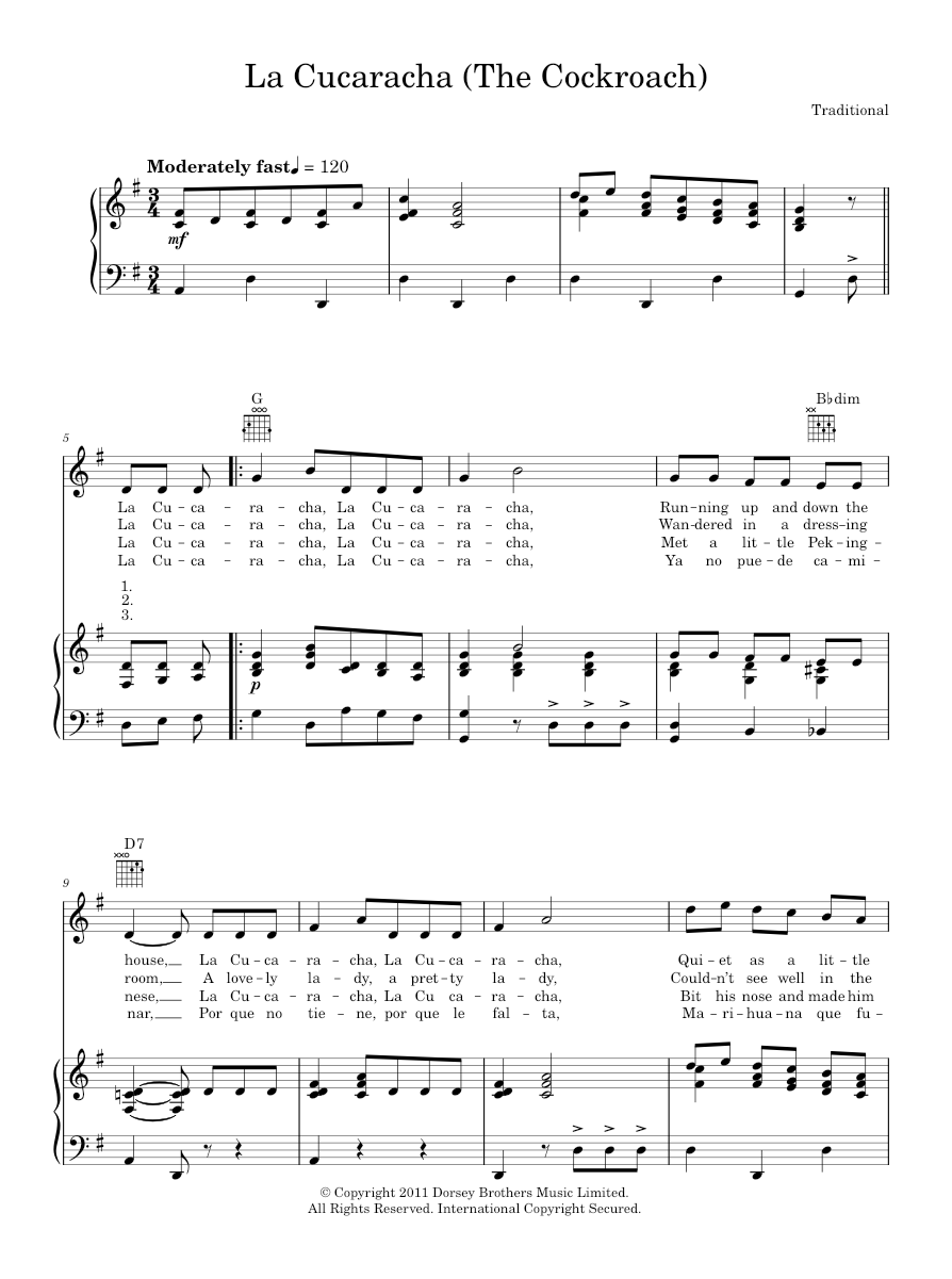Play Official version of La cucaracha sheet music by Misc Traditional ...