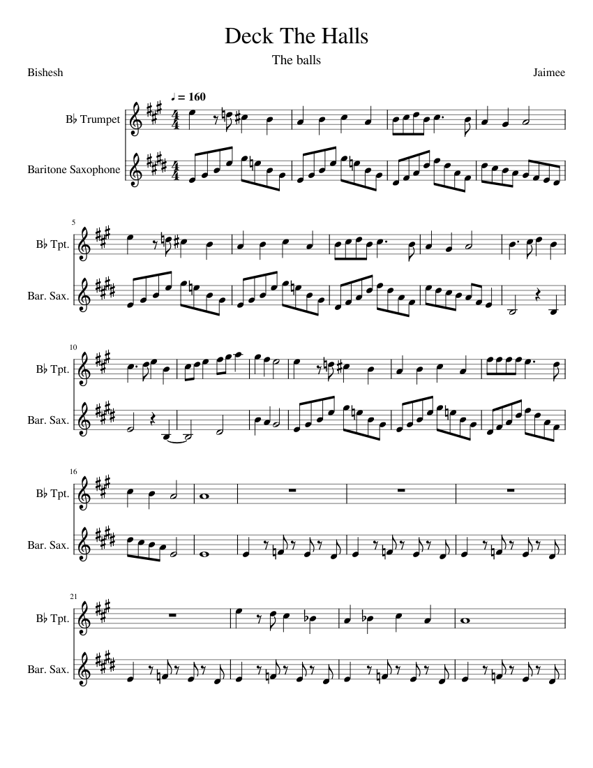 Deck The Halls Sheet music for Saxophone baritone, Trumpet in b-flat (Woodwind Duet) | Musescore.com