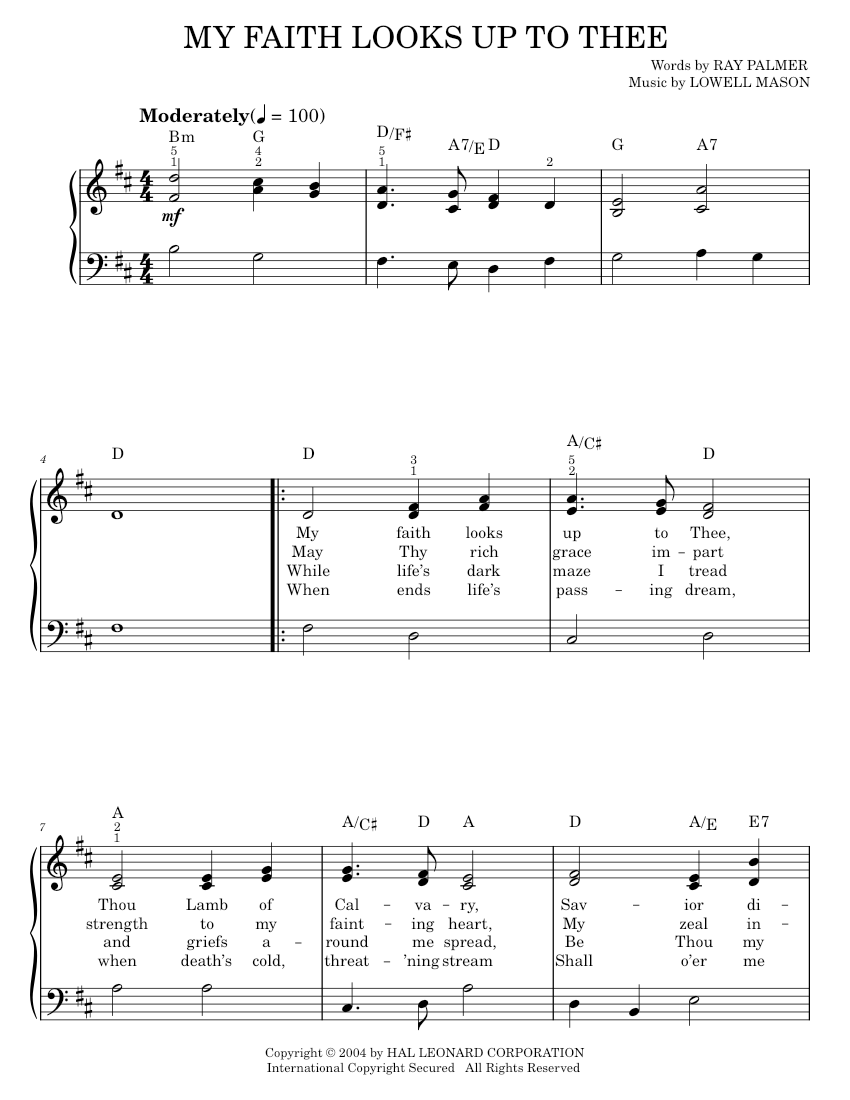 My faith looks up to Thee Sheet music for Piano by Lowell Mason ...