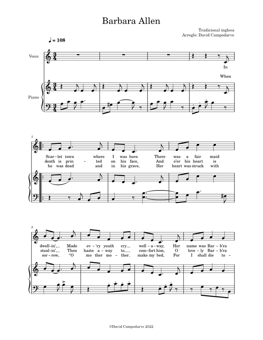Barbara Allen - Voice / Piano Sheet music for Piano, Vocals (Piano ...