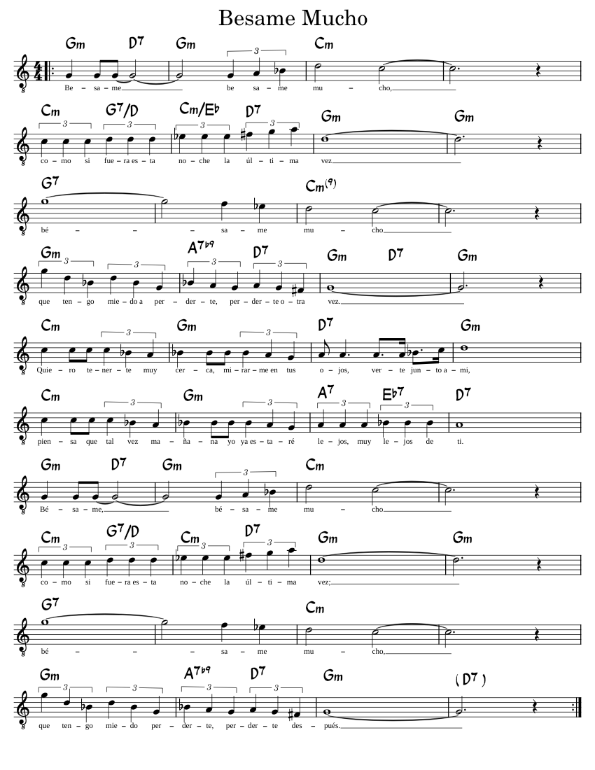 Besame Mucho - Lead Sheet With Simpler Chords Sheet music for Guitar (Solo) | Musescore.com