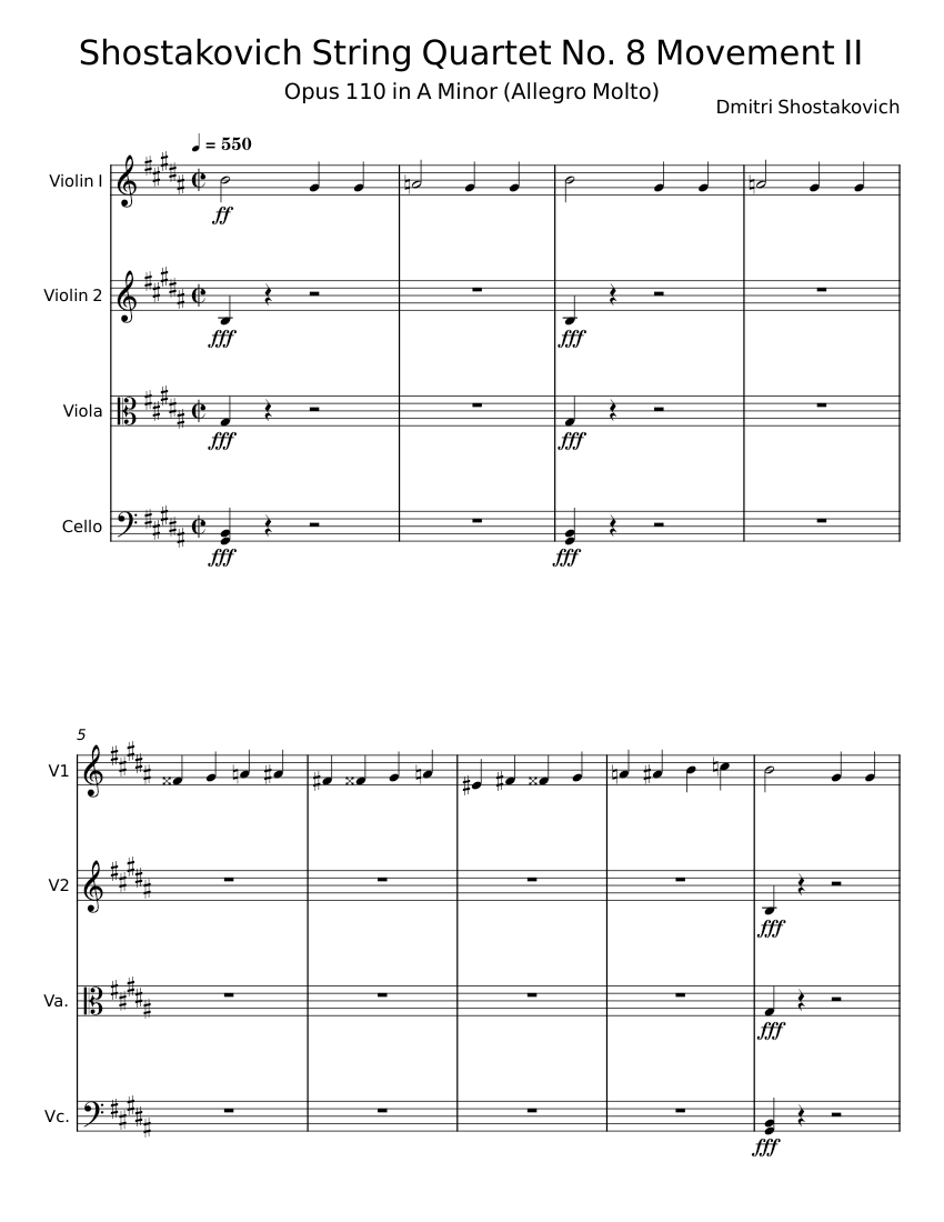 Shostakovich String Quartet No. 8 Movement II - Dmitri Shostakovich Sheet Music for Violin ...