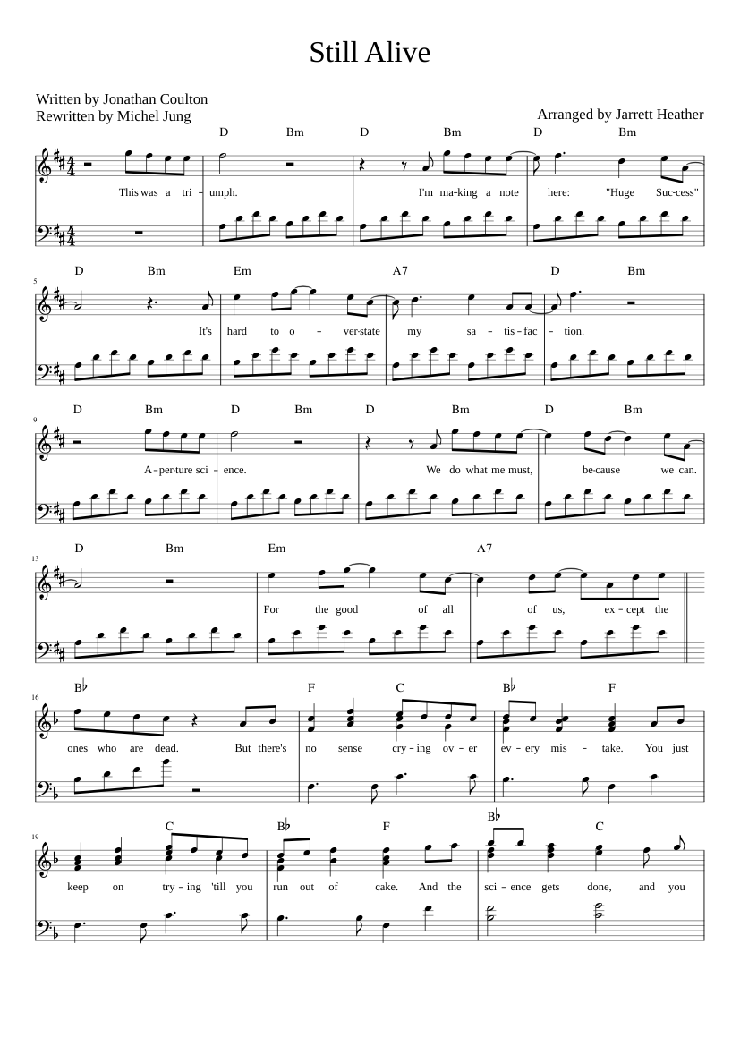 Portal - Still Alive Sheet Music with Chords for Piano (Solo ...