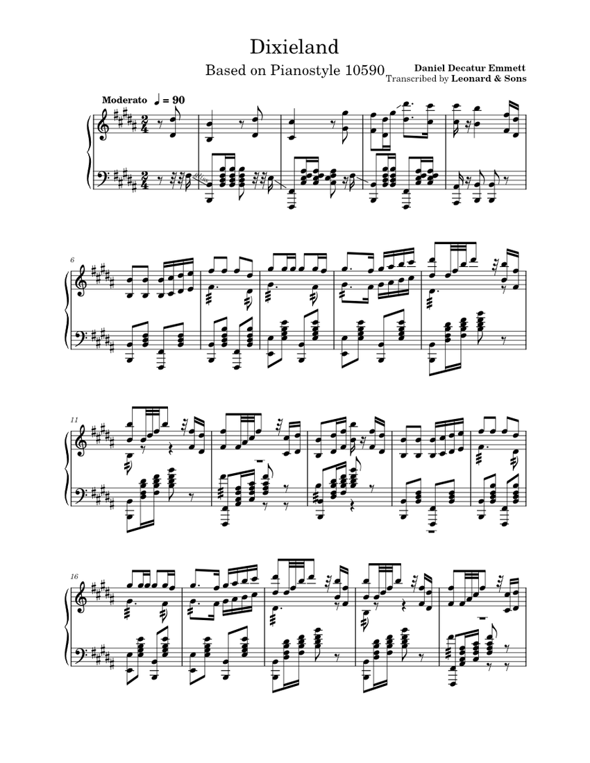 Dixieland – Daniel Decatur Emmett Piano roll based on Pianostyle No ...