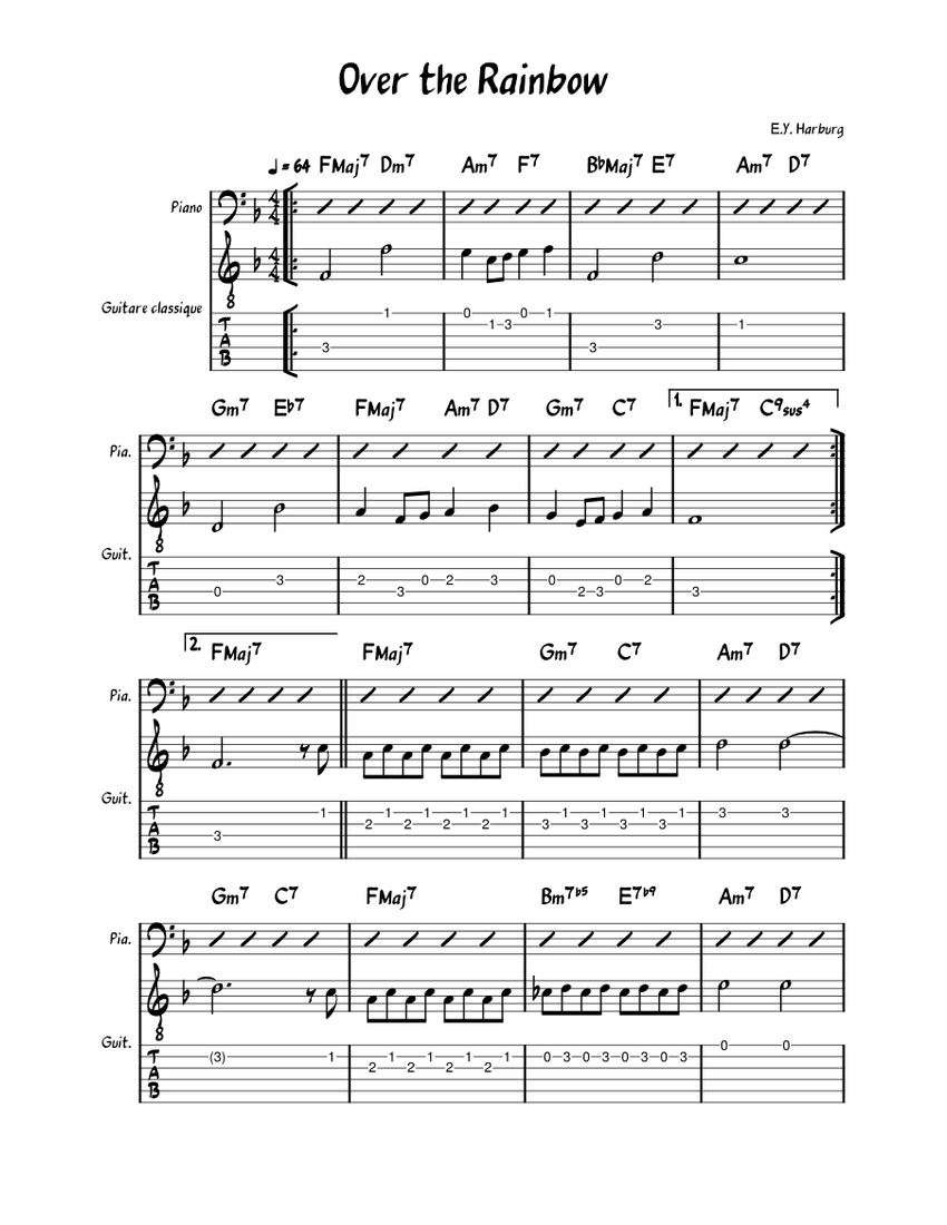 Over The Rainbow Judy Garland Sheet Music For Piano Guitar Solo