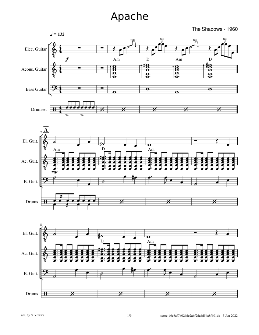 Apache (The Shadows) Sheet Music with Chords for Guitar, Bass guitar ...