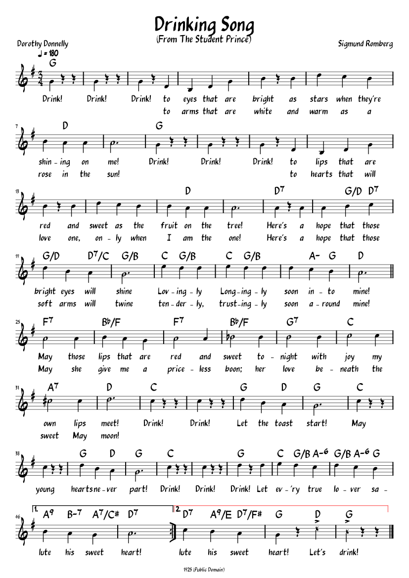 Drinking Song (From the Student Prince) (Lead sheet with lyrics ) Sheet ...
