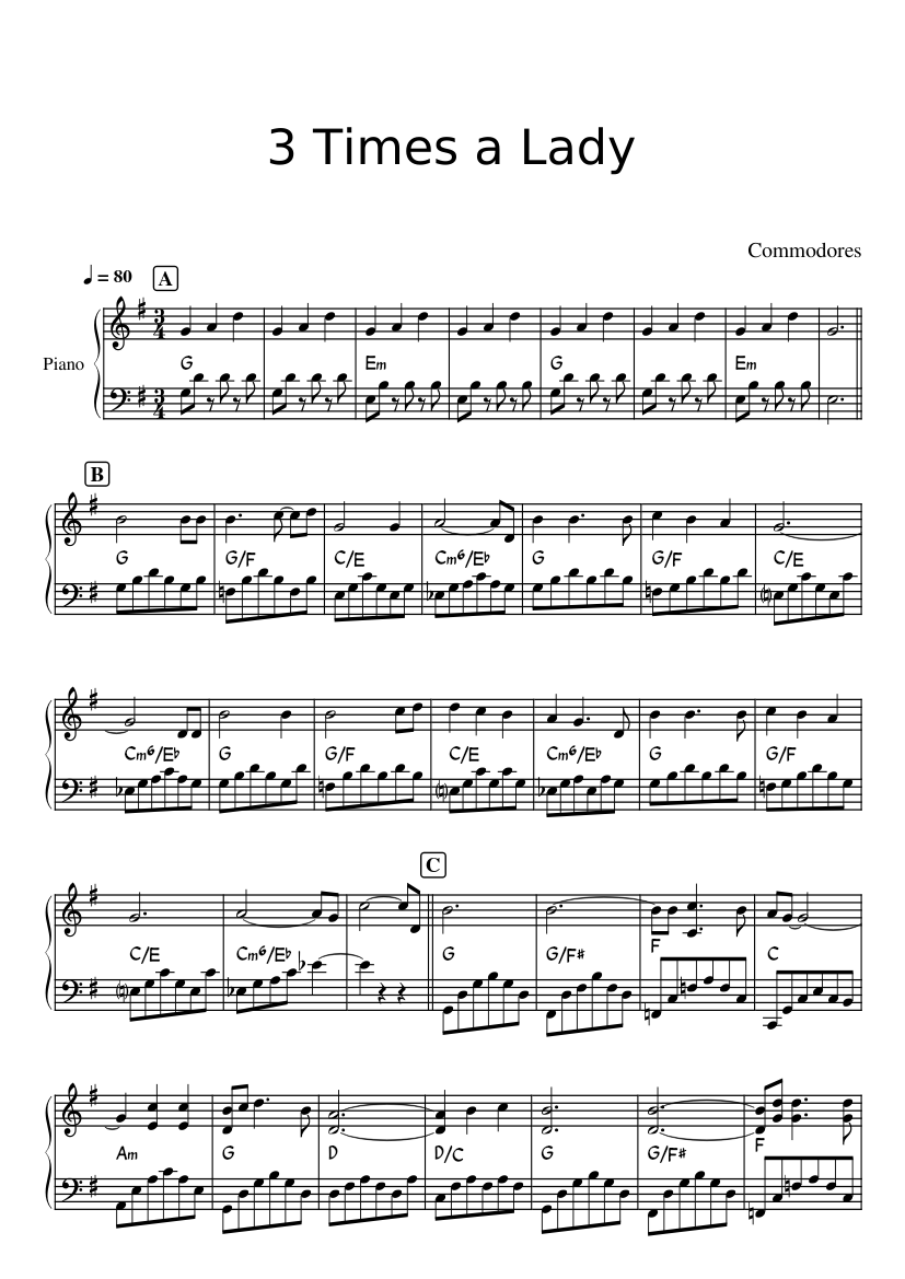 3 TIMES A LADY – Commodores Sheet Music with Chords for Piano (Solo ...