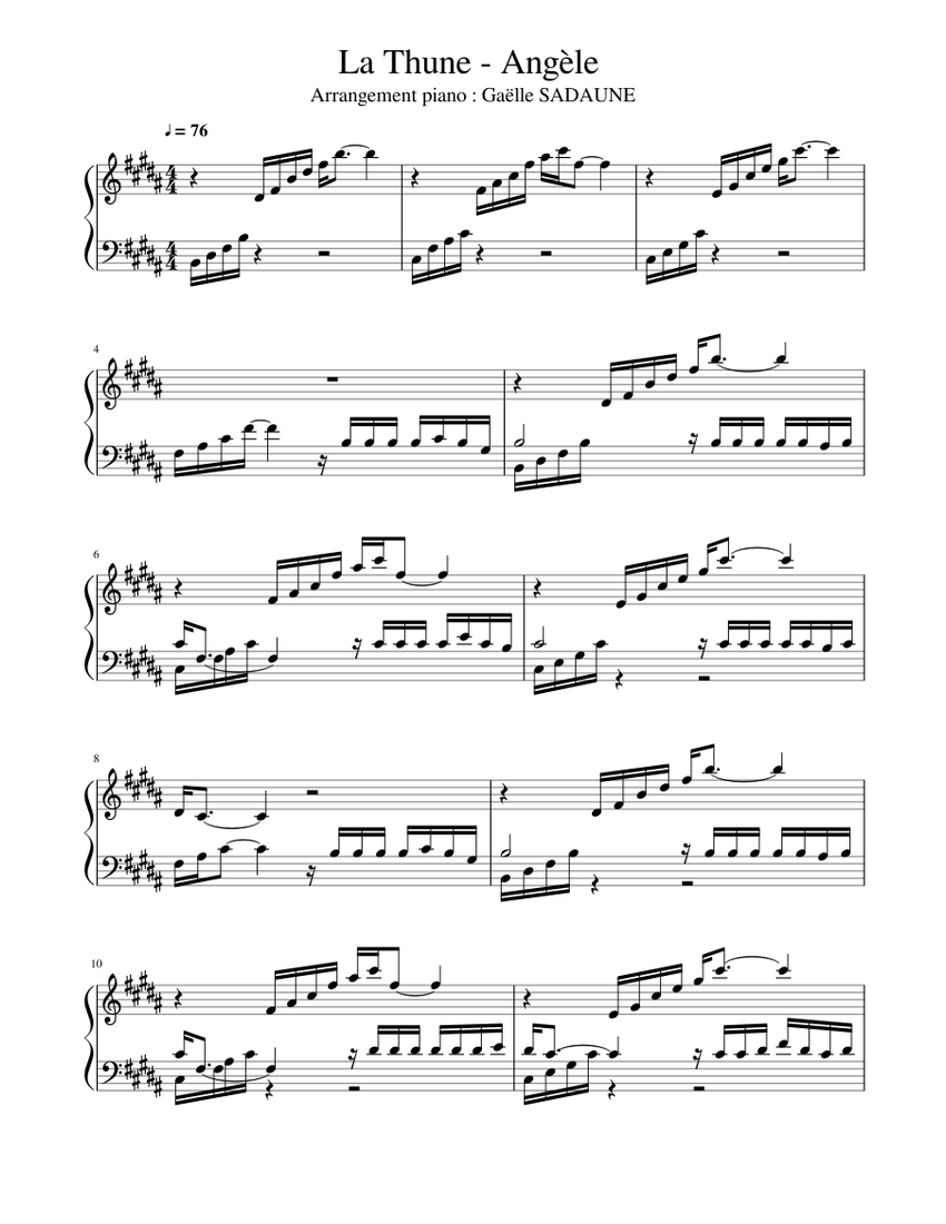 La Thune – Angèle Arrangement Gaëlle SADAUNE Sheet music for Piano ...