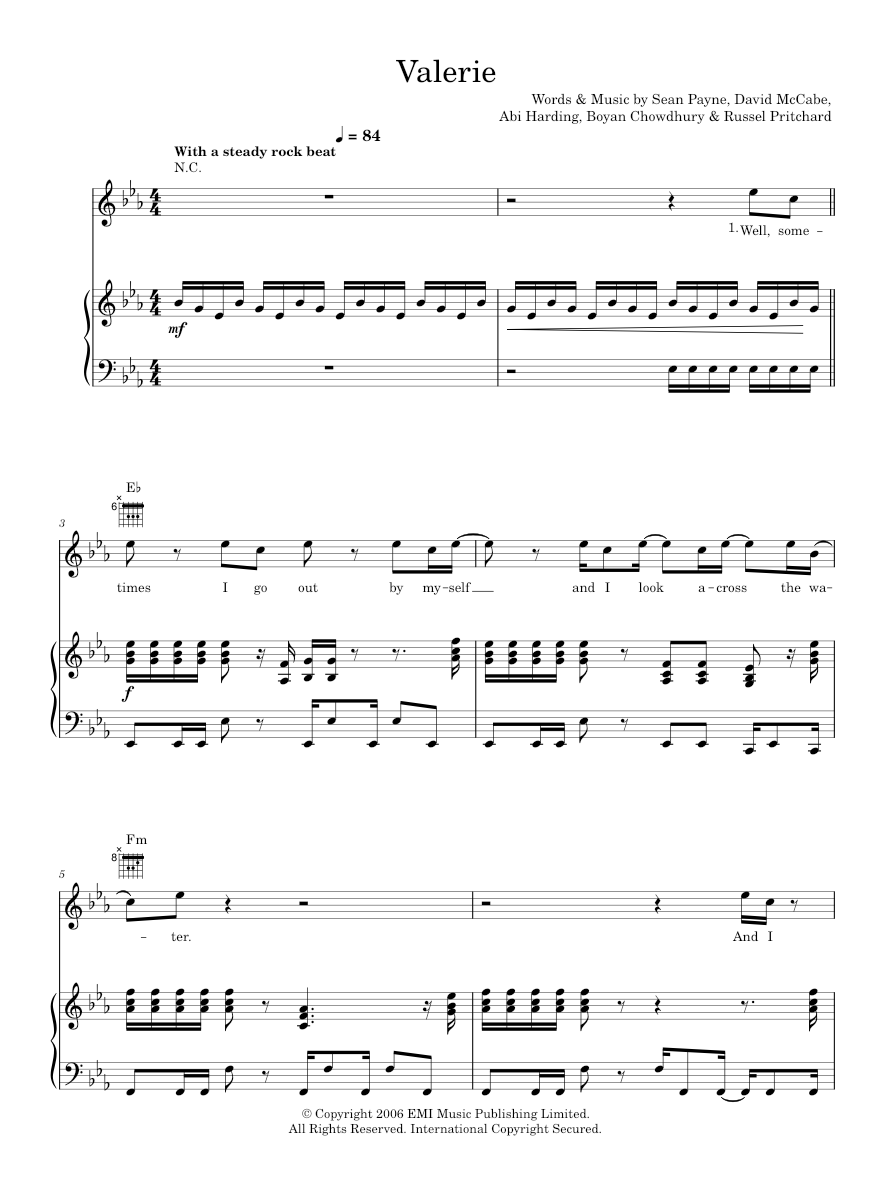 Play Official version of Valerie sheet music by Glee Cast for Piano ...