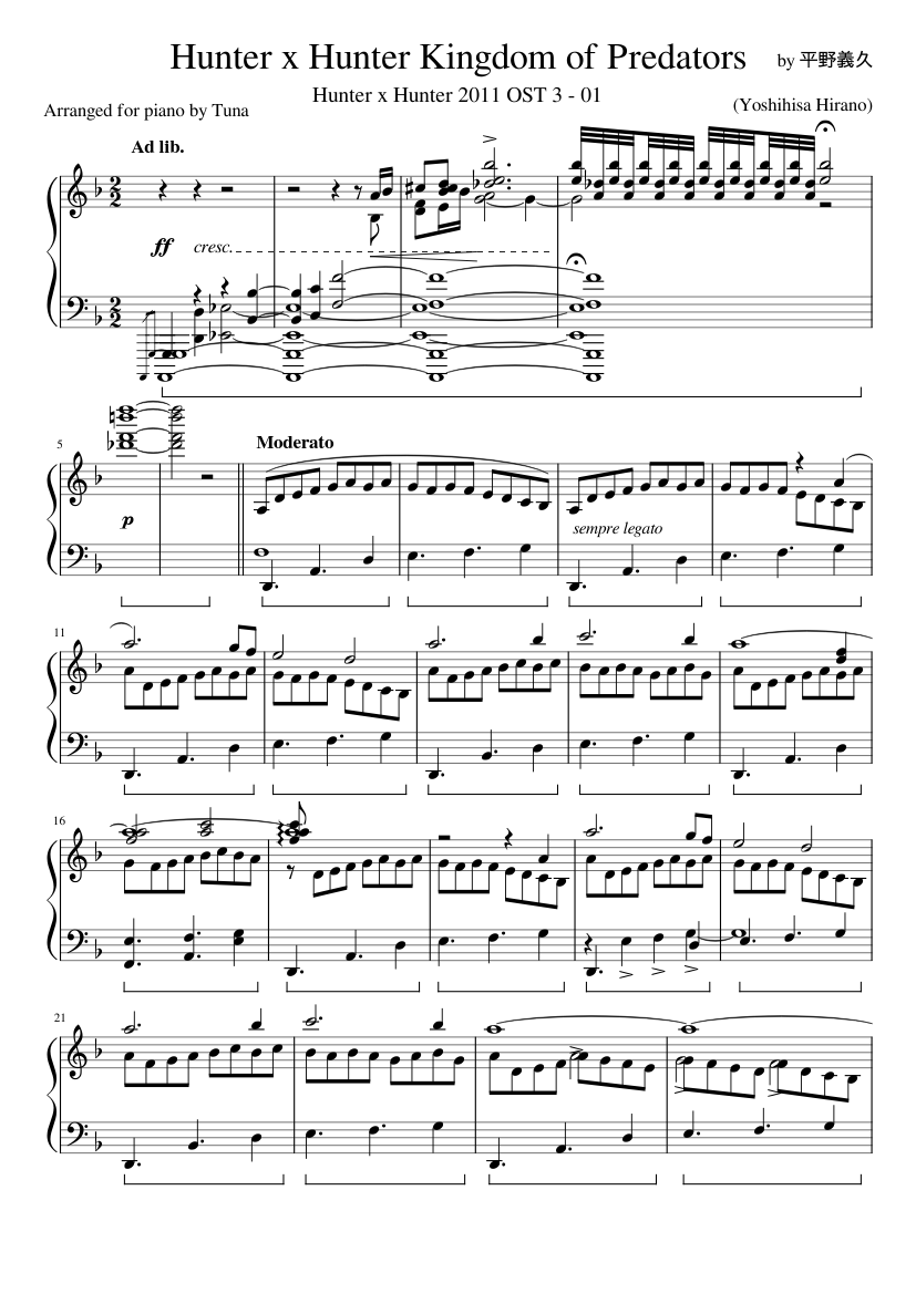 Hunter x Hunter Kingdom of Predators Sheet Music for Piano (Solo ...