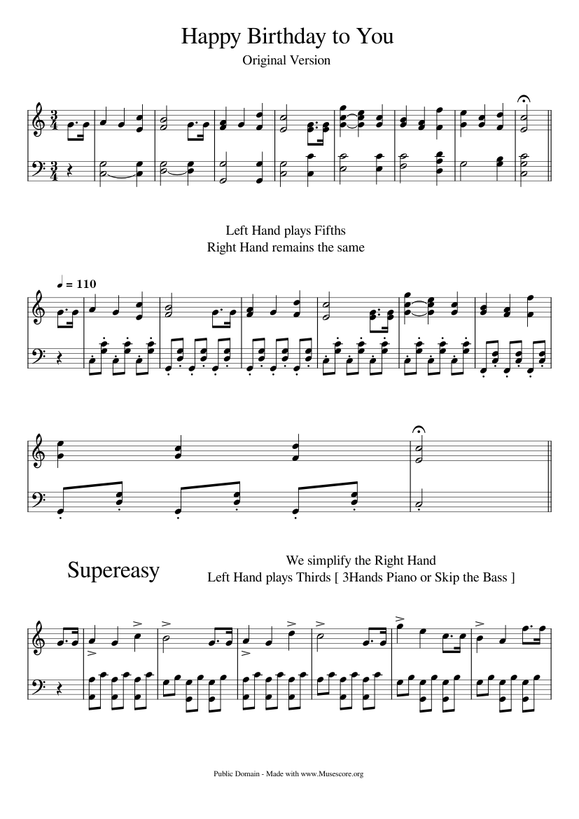 Happy Birthday to You Original + 6 Variations Sheet Music for Piano ...