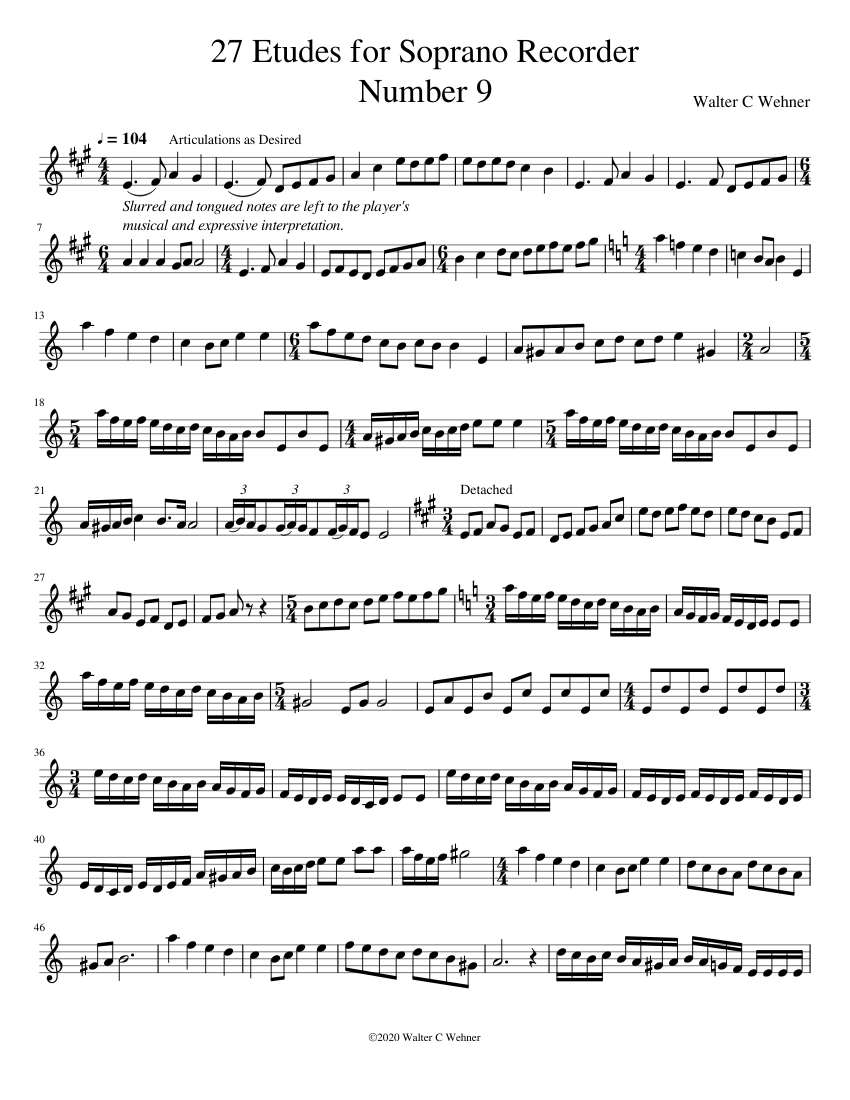 Recorder Etude Number 9 from 27 Etudes for Soprano Recorder Sheet music ...
