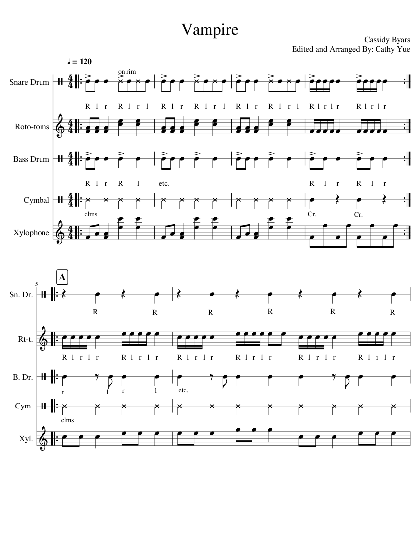 Vampire Sheet music for Snare drum, Crash, Bass drum, Xylophone ...