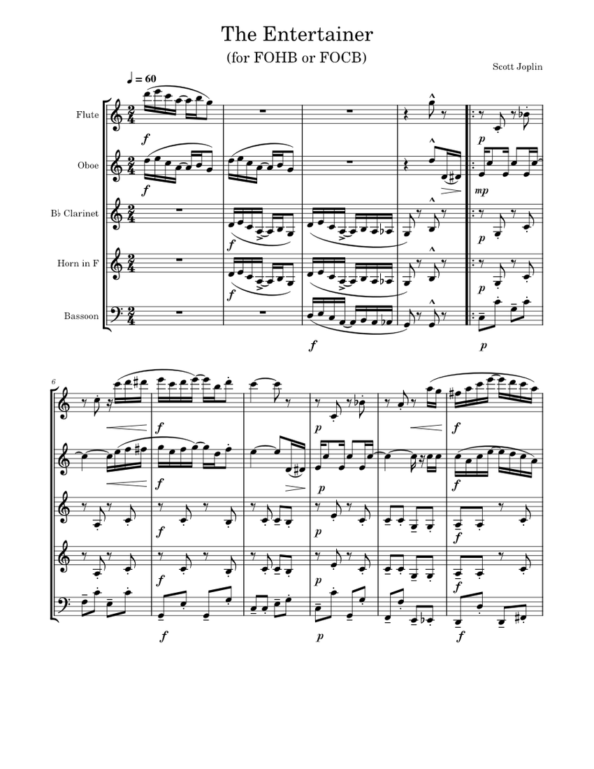 The Entertainer – Scott Joplin Sheet music for Flute, Oboe, Clarinet in ...