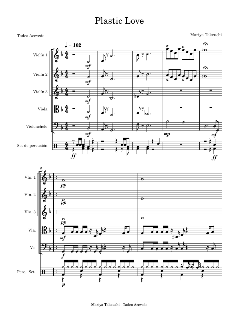 Plastic Love – Mariya Takeuchi Sheet music for Violin, Viola, Cello, Drum group (String Ensemble ...