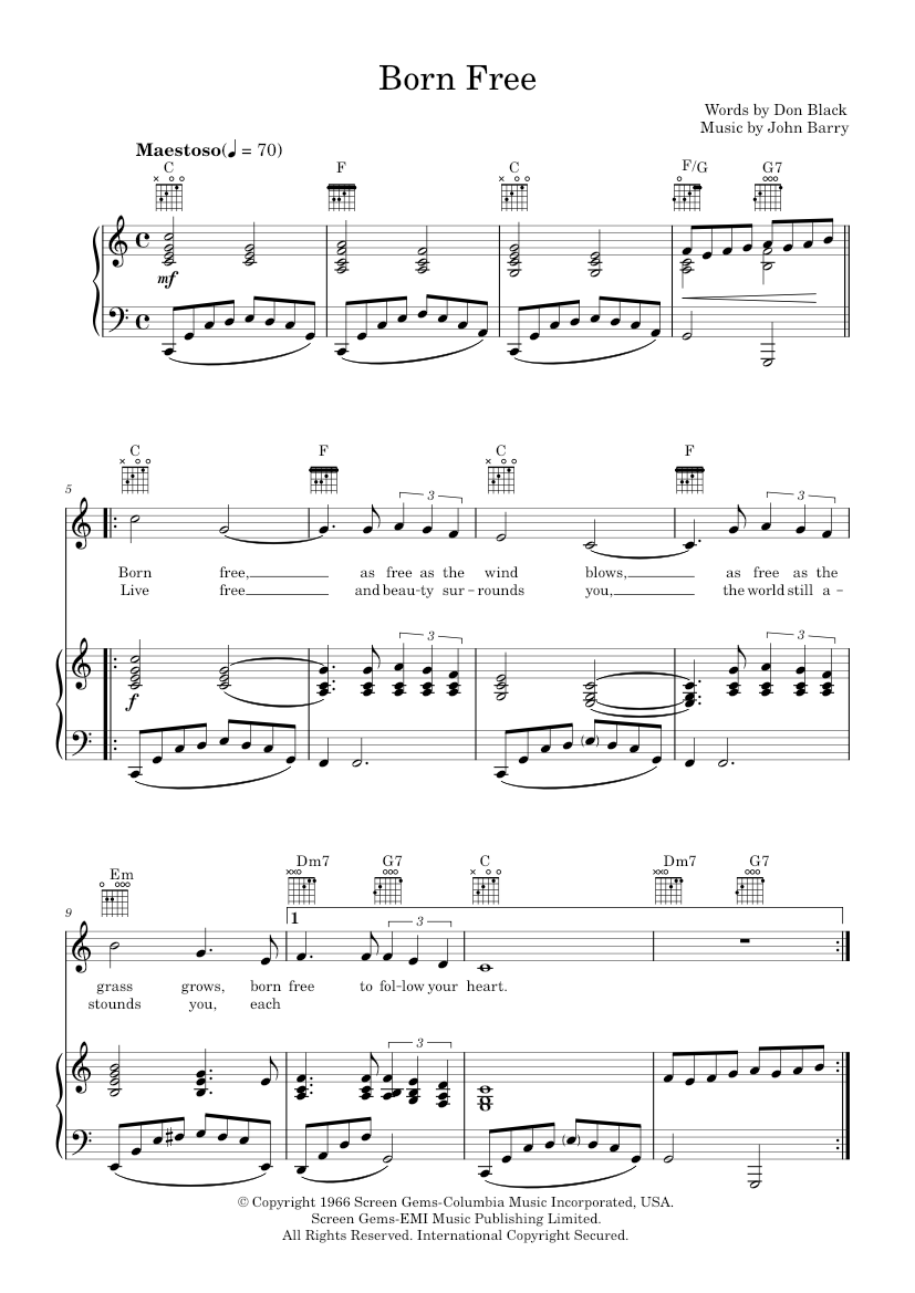 born free Sheet music for Piano, Vocals by John Barry Official ...