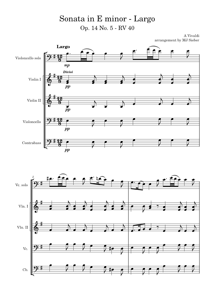 Cello Sonata in E minor, RV 40 III. Largo – Antonio Vivaldi Sheet music for Contrabass, Violin ...