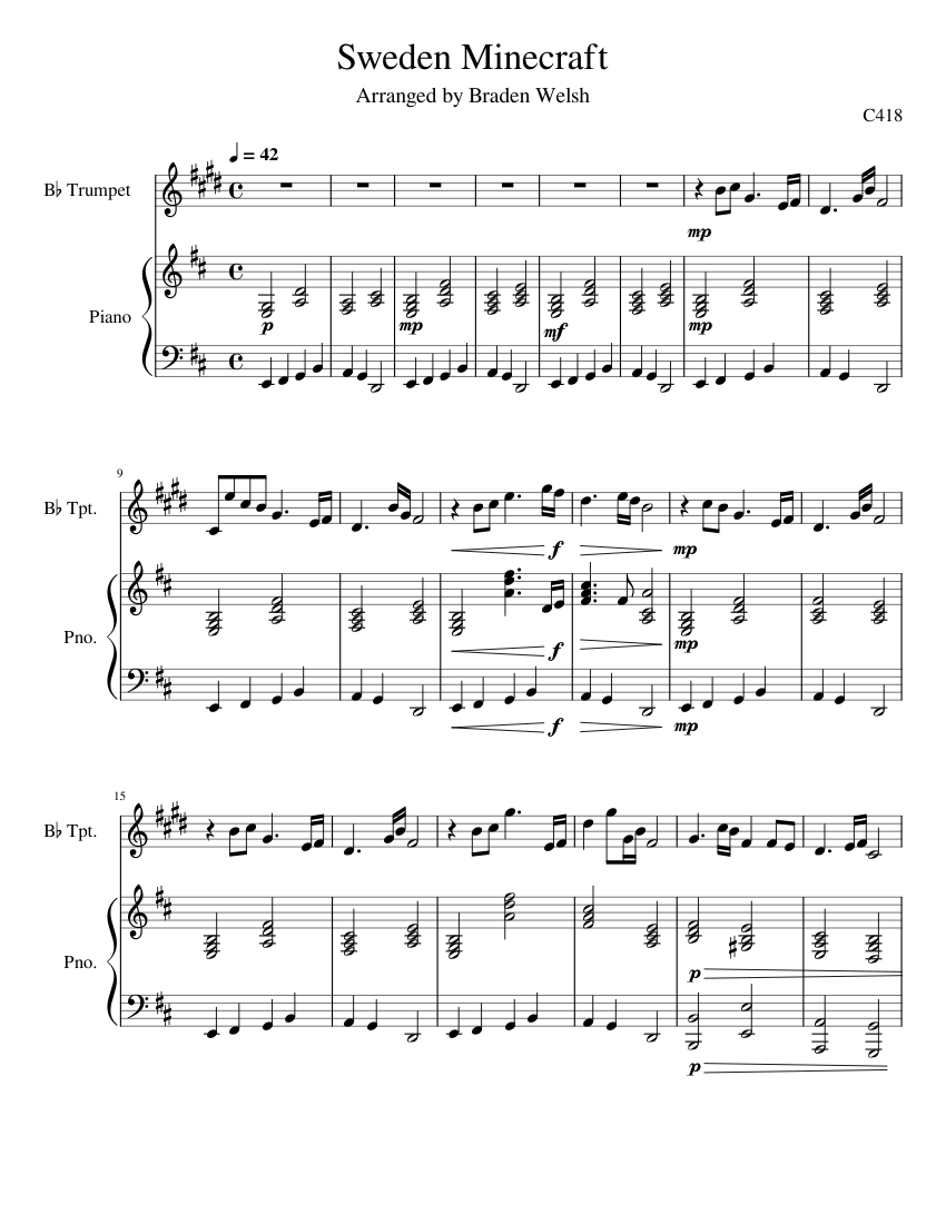 Minecraft Sweden Trumpet and Piano Sheet music for Piano, Trumpet in b ...