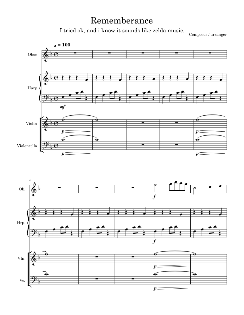 Rememberance Sheet music for Oboe, Violin, Cello, Harp (Mixed Quintet ...