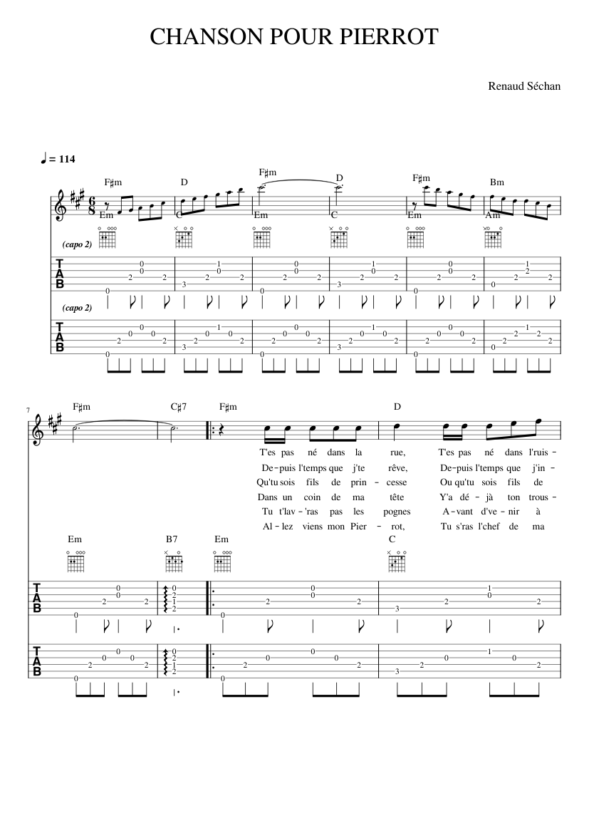 CHANSON POUR PIERROT - Renaud Séchan Sheet Music and Tab with Chords ...