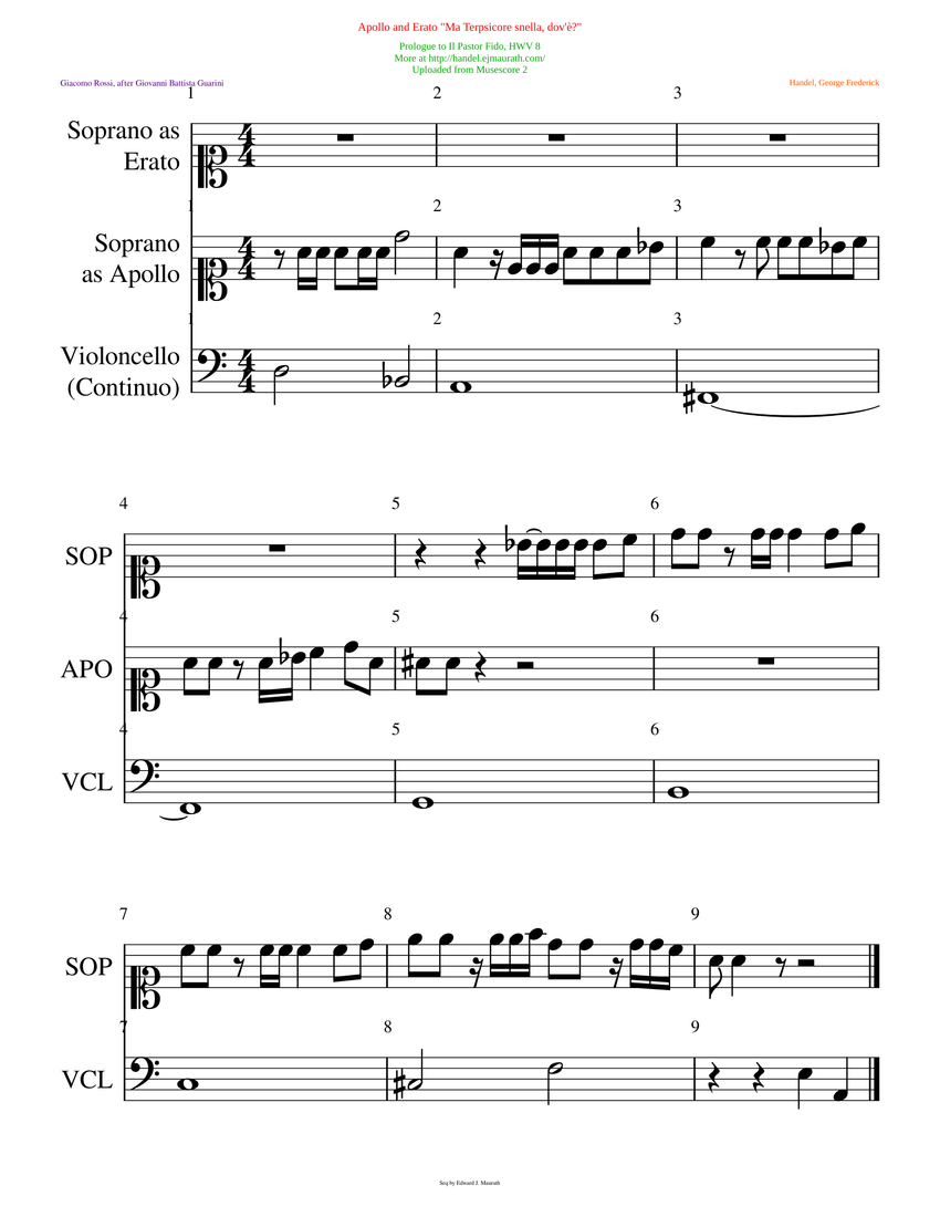HWV8a0n4 - "Ma Terpsicore snella, dov'è?" recitativo secco Sheet music ...