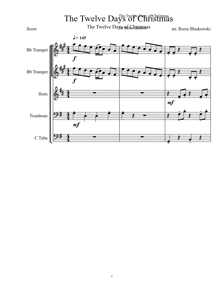 The 12 Days of Christmas for Brass Quintet Sheet Music for Trombone ...