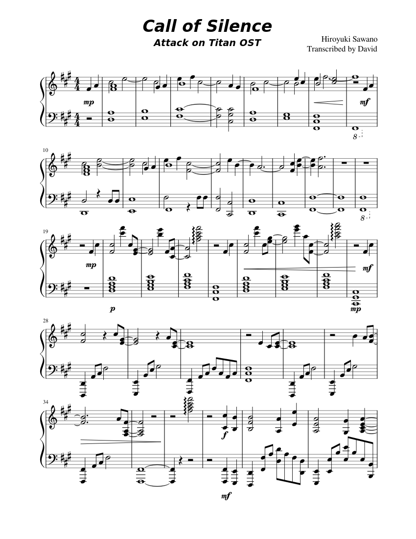 Call of Silence – Hiroyuki Sawano Call of Silence - Attack on Titan OST Piano Cover Sheet music ...