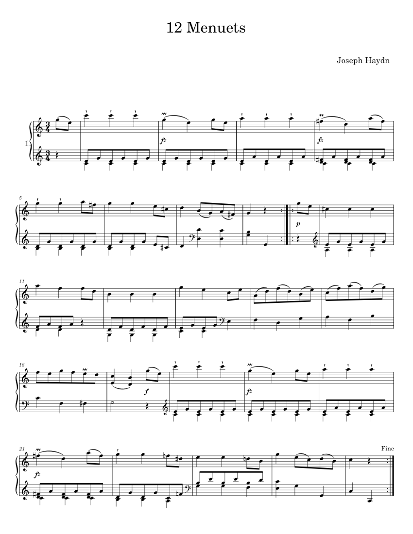 Menuetto No. 4 from 12 Menuets - Joseph Haydn Sheet music for Piano ...