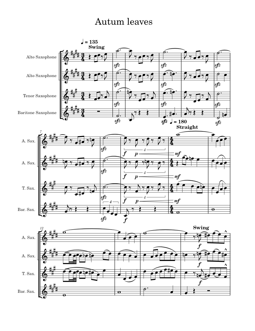Autum Leaves Sax quartet Sheet music for Saxophone alto, Saxophone ...
