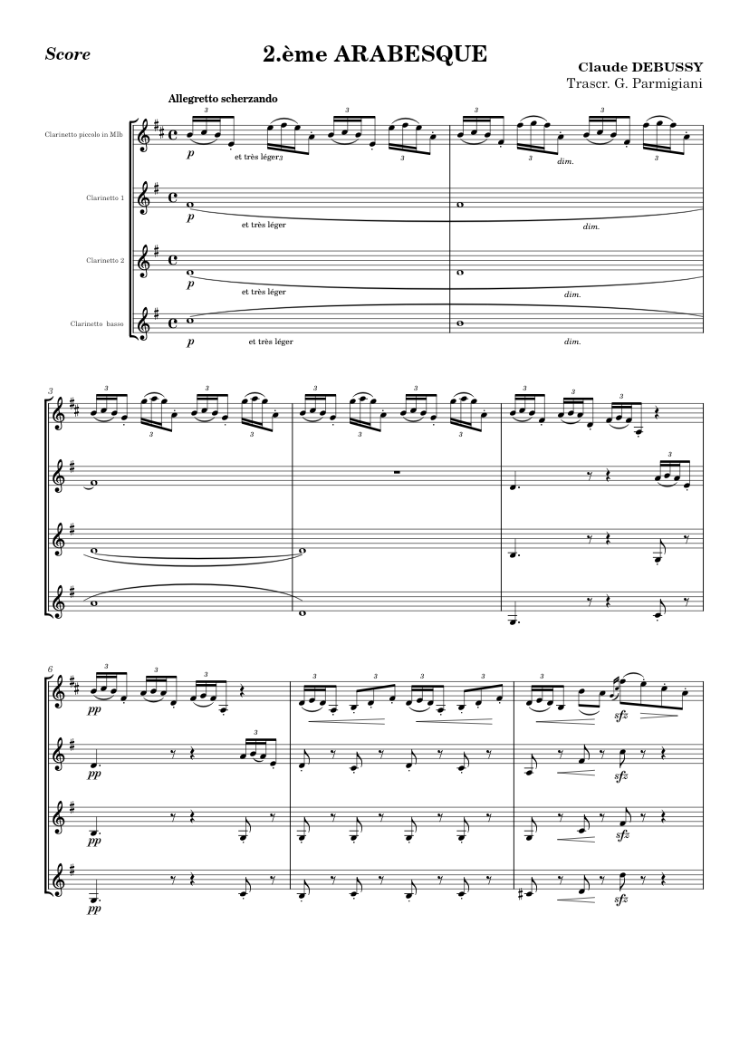 DEBUSSY 2.ème Arabesque (Clarinet Quartet) Sheet Music for Clarinet bass, Woodwinds (other ...