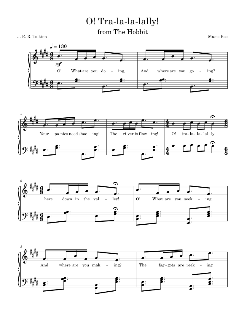 O! Tra-la-la-lally! (from J. R. R. Tolkien's book The Hobbit) Sheet ...