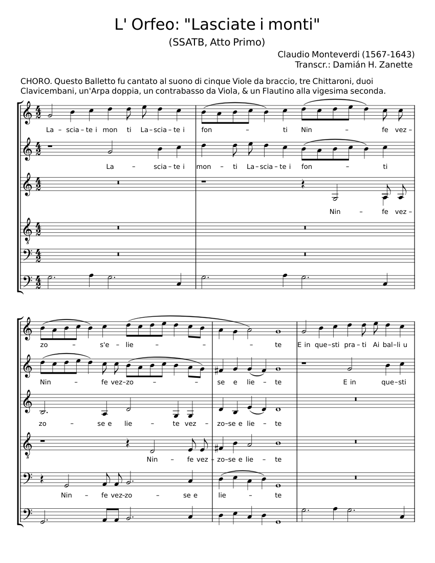L' Orfeo – Claudio Monteverdi Sheet music for Synthesizer (Mixed Ensemble) | Musescore.com