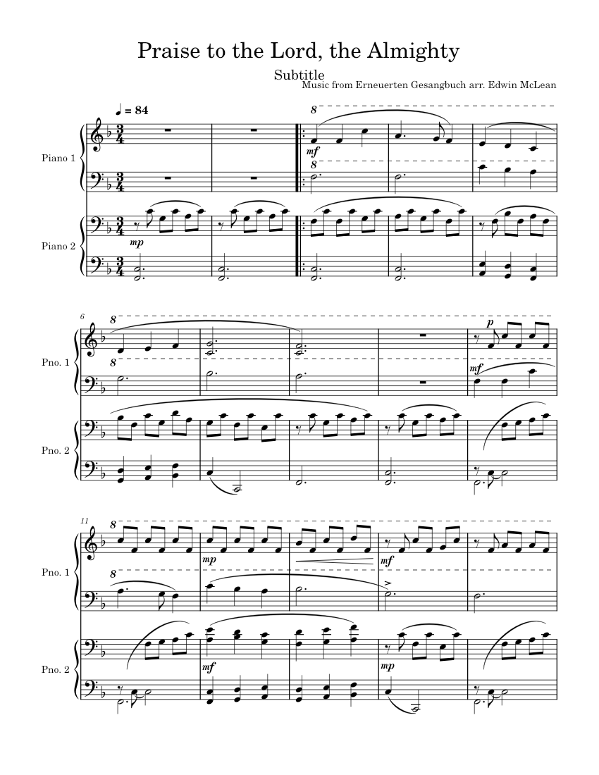 Praise to the Lord, the Almighty – Piano Duet Sheet Music for Piano ...