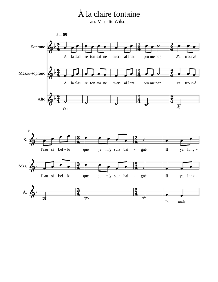 À la claire fontaine Sheet music for Soprano, Alto, Mezzo soprano ...